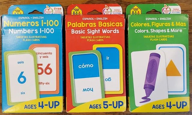 SCHOOL ZONE BILINGUAL Flash Cards COLORS, NUMBERS 1-100 & SIGHT WORDS ...