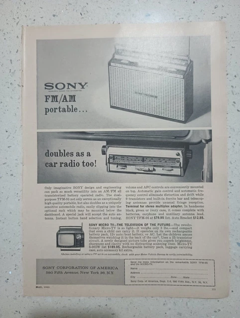 1963 VINTAGE SONY Ad Fm Am Portable Radio Micro Tv Television Print ...