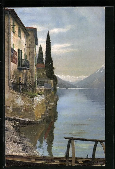 CARTOLINA D'ARTISTA FOTOCROMIA n. 1620: case sulle rive di un lago ...