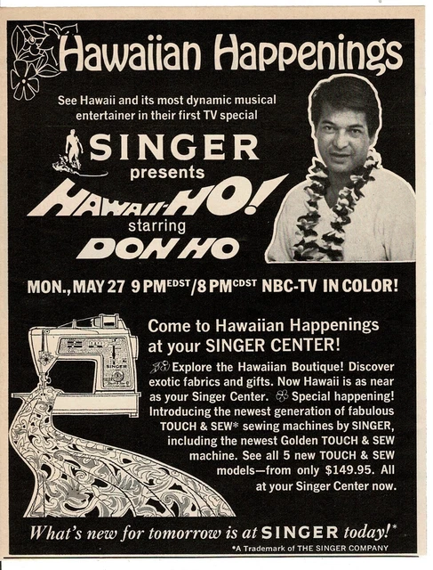 1968 SINGER SEWING Machine presents DON HO TV Show Hawaii-Ho Vintage ...