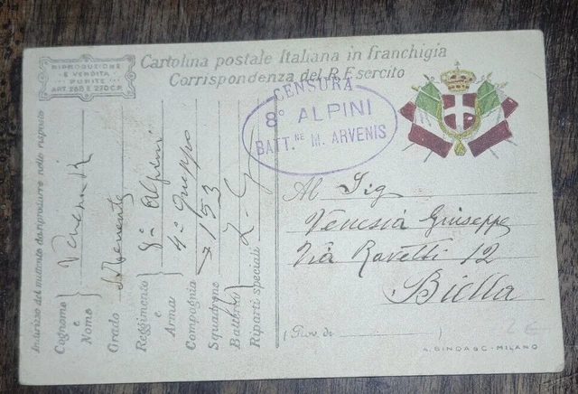WW1 CARTOLINA POSTA Militare Franchigia 8° Alpini Battaglione Arvenis ...