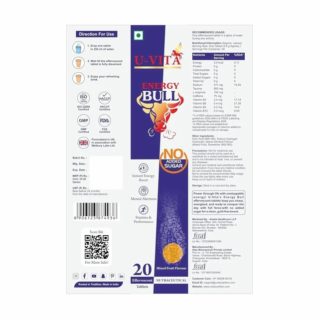 U-VITA ENERGY BULL Effervescent 20 Tablets equivalent to 20 Energy Cans £15.55 - PicClick UK