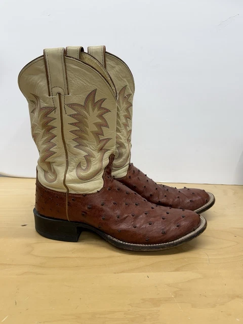 JUSTIN COWBOY BOOTS Brown White Full Quill OSTRICH Size 8.5 D ...