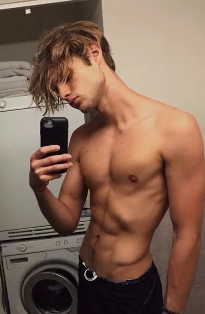 Shirtless Male Beefcake Athletic Muscular Jock Hunk Shaggy Hair Photo