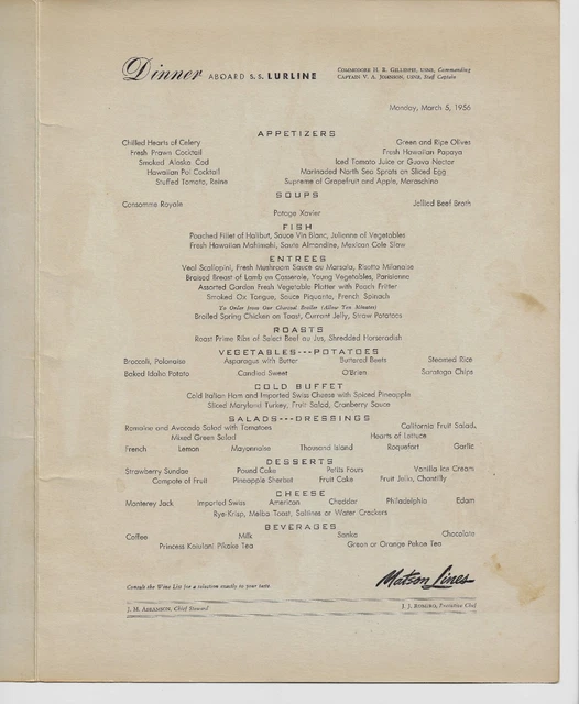 MATSON LINES, SS LURLINE Dinner MENU "A God Appears" Eugene Savage 1951 ...