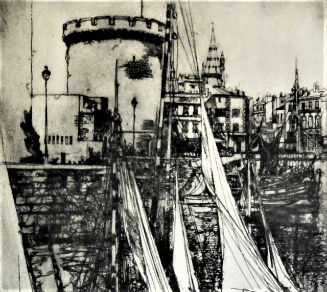 JOSEF ARENS (1901-1979) gr. TOP-Radierung ~1955: ' IM HAFEN VON LA ...
