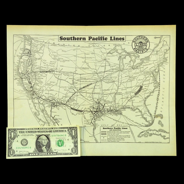 VINTAGE SOUTHERN PACIFIC Railroad Map Antique Original Railway Map ca ...