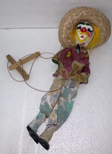 VINTAGE CLOWN MARIONETTE Figurine String Puppet Rare Mexican Folk Art ...