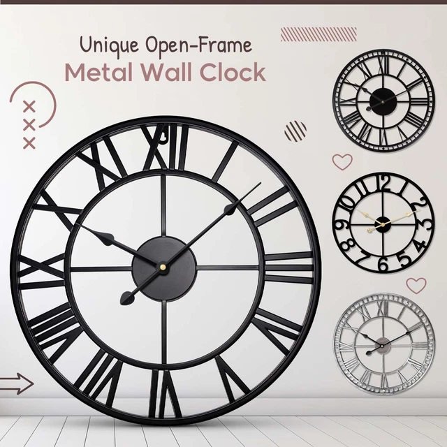 LARGE SKELETON METAL Roman Wall Clock Big Numerals Giant Round Open ...