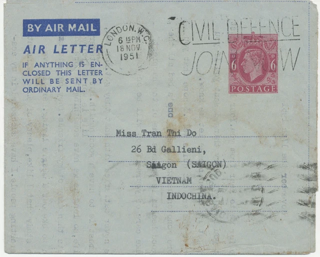GB 1951 AIR Letter GVI 6d slogan CIVIL DEFENCE JOIN NOW / LONDON.W.C ...