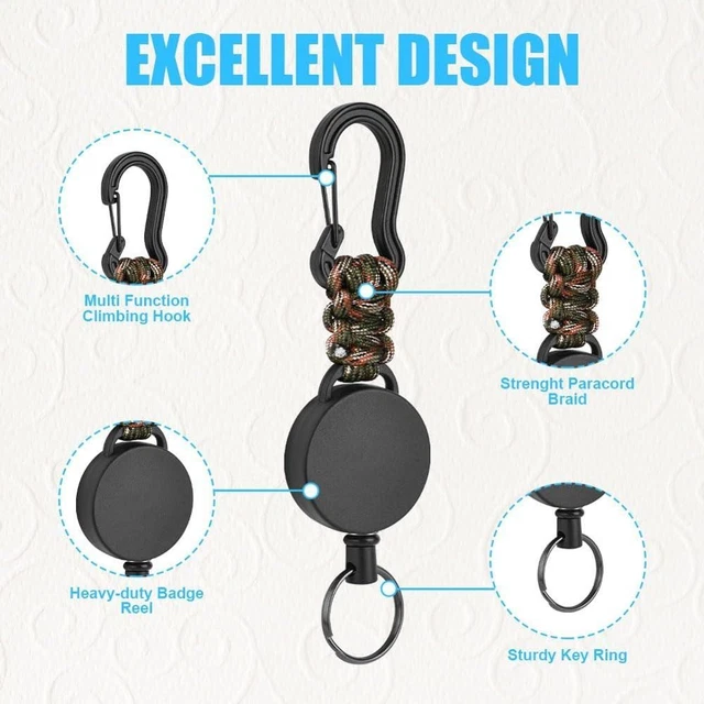 3 PACK HEAVY Duty Retractable Keychain with Steel Cable and Carabiner ...