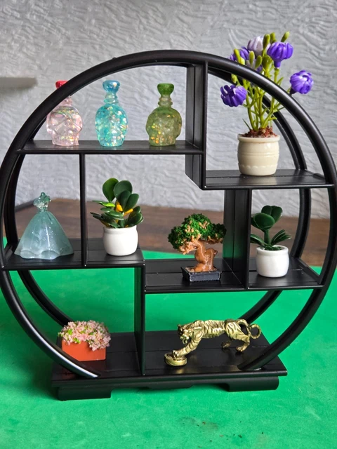 DOLL HOUSE MODEM oriental style black round shelving with plants/ ect 1 ...