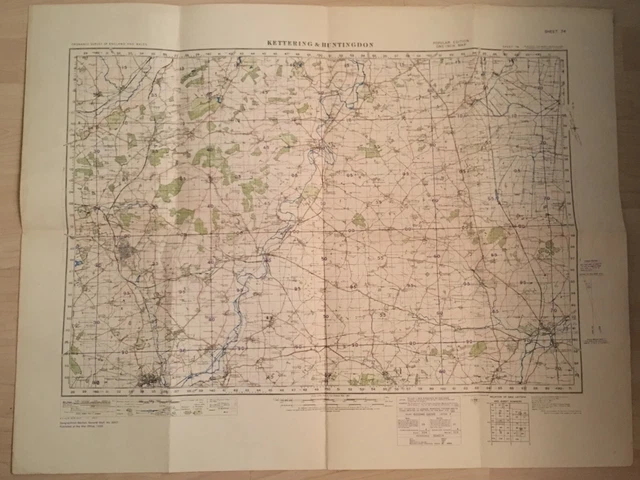 VINTAGE ORDNANCE SURVEY MAP of KETTERING/HUNTINGDON, War Office 1932 ...
