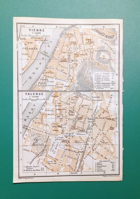 PRINT ANTICA MAPPA map ancienne carte VIENNE VALENCE ISERE FRANCE ...