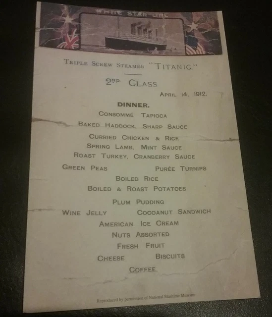 1912 TITANIC 2ND CLASS DINNER MENU ,SEE PHOTOS FOR CONDITION AND STYLE ...