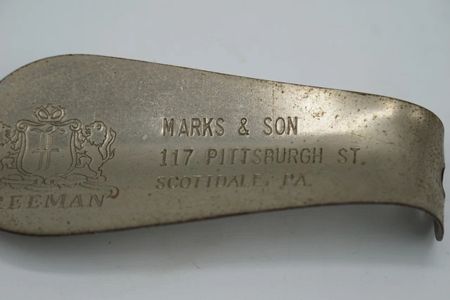 VINTAGE FREEMAN SHOES Advertising Metal Shoehorn Marks & Son Scottdale ...