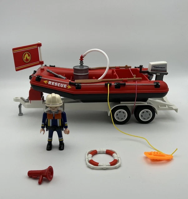 PLAYMOBIL 9845 FEUERWEHR Rescue Rettungsboot mit Anhänger & Zubehör ...