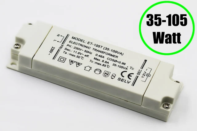 ELEKTRONISCHER HALOGEN TRAFO 12V 35-105 Watt, 220-240 V 50/60 Hz Lampen dimmbar EUR 14,40 ...