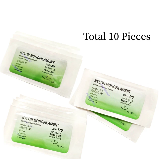10 PACK SURGICAL Sutures Nylon Monofilament USP Reverse Cutting Sterile ...