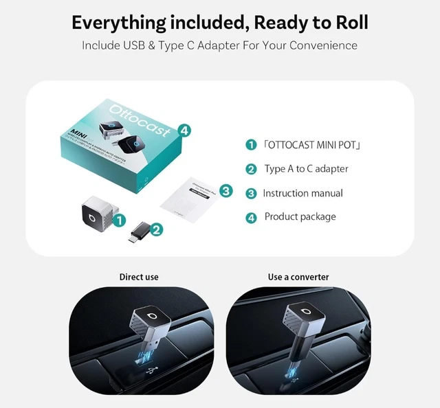 OTTOCAST MINI POT 2025 2-in-1 Wireless CarPlay/Android Auto Adapter ...