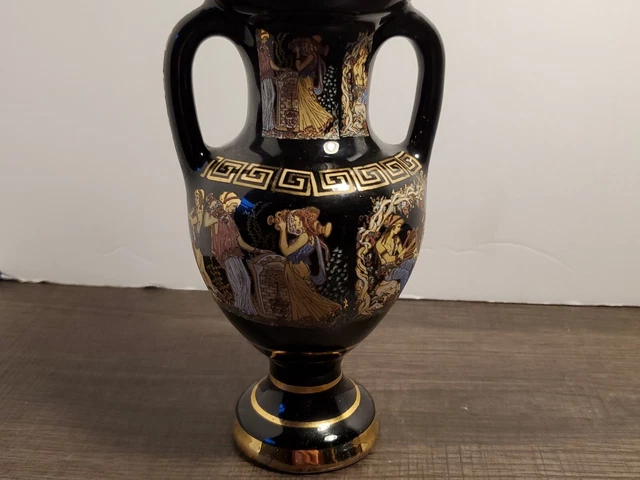 VINTAGE 7& ADIS Black Greek Hand painted Vase Urn 24K Gold detail W ...