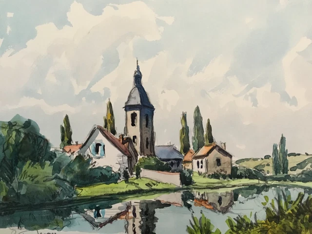 AQUARELLE ORIGINALE VUE de village église clocher étang arbre nature ciel signée EUR 70,00 ...