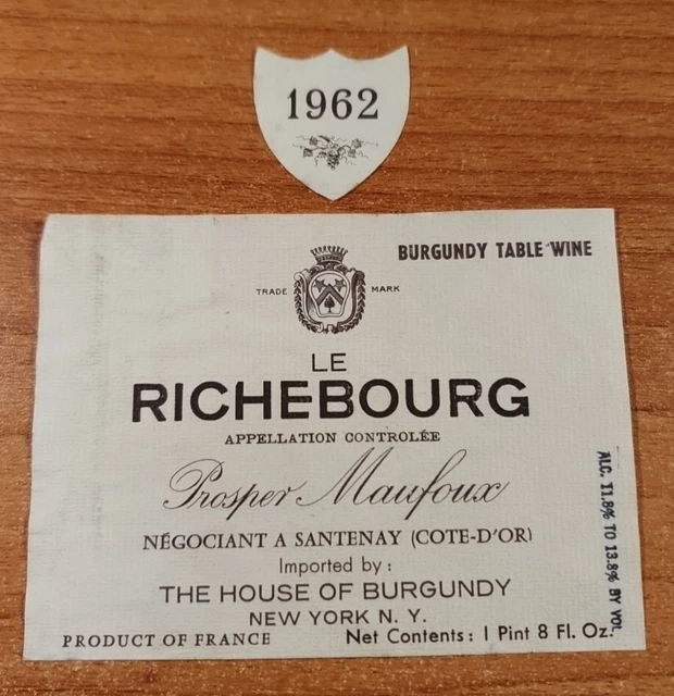 ETIQUETTE DE VIN/ Wine Label RICHEBOURG (MAUFOUX P.) 1962 décollée rare ...