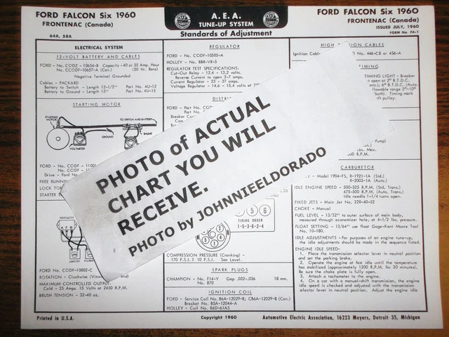 1960 FORD FALCON SIX Series Forntenac (Canada) Models AEA Tune Up Chart ...