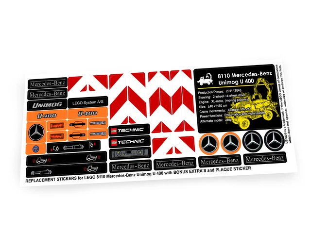 CUSTOM STICKERS FOR Set 8110 Unimog U 400 + UNIQUE Plaque sticker ...