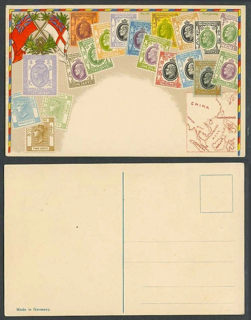 HONG KONG MAP Flags, Vintage Queen Victoria KE7 Stamps Illustration Old ...