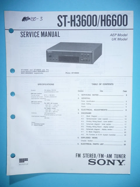 SERVICE MANUAL INSTRUCTIONS for sony ST-H3600/ST-H6600, Original $15.25 ...