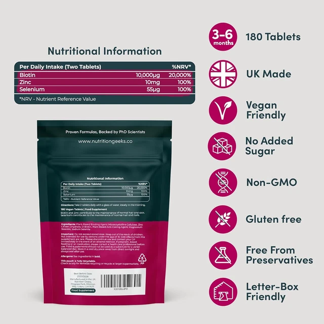 BIOTIN HAIR GROWTH Supplement - 180 Vegan Tablets Enhanced with Zinc ...