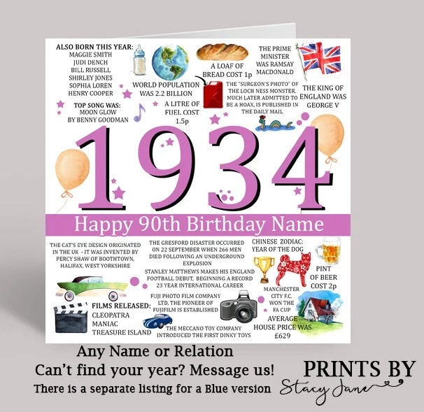 PERSONALISED 90TH BIRTHDAY Card Female 1934 Year Birth Nan Mum Wife ...