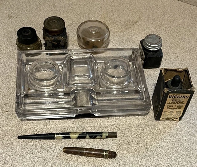 ANTIQUE PARAGON DESKTOP Clear Glass Double Inkwell with Accessories ...