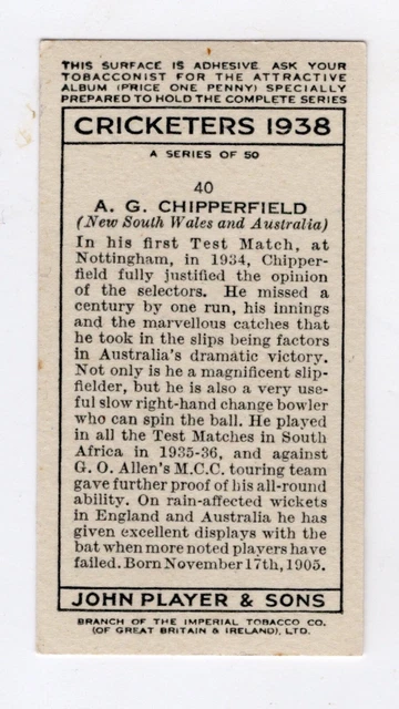 CRICKET CIGARETTE CARD 1938. Australia #40 Arthur Chipperfield (NSw ...