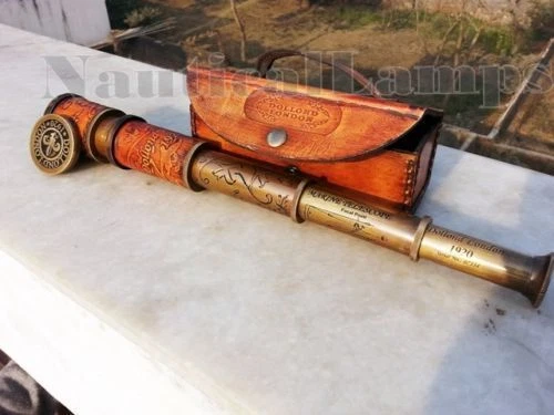 LAITON ANTIQUE TÉLÉSCOPE Marine Nautique Cuir Pirate Spyglass Vintage Lunette EUR 60,37 ...