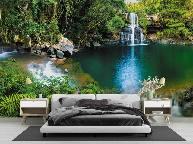 3d Green Forest Tree Waterfall Self Adhesive Removable Wallpaper Murals