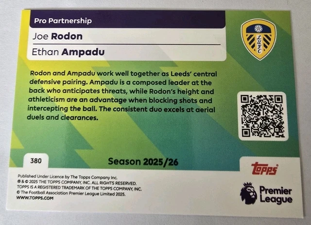 TOPPS PREMIER LEAGUE 2026 PRO PARTNERSHIP RODON/AMPADU Card #380 LEEDS ...