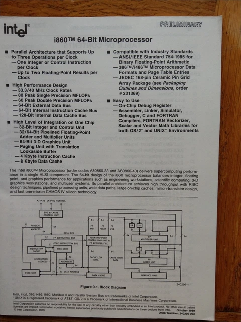 INTEL TECHNICAL DATA Sheet for i860 64-bit Microprocessor. £5.43 ...