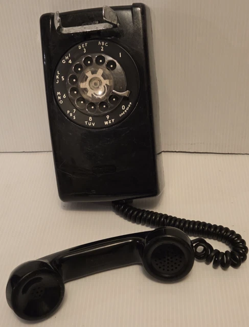 ROTARY DIAL WALL Mount Black Phone + Cord Vintage Western Electric USA ...