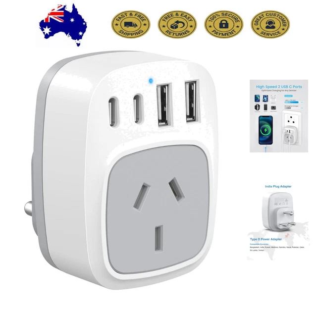 TRAVEL ADAPTER FOR India - AU to Type D 3 Pin Plug With 2 USB-C and 2 ...