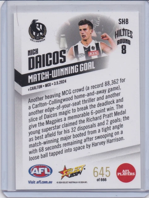 2024 SELECT HILITES Round 8 - Nick Daicos (SH8) Collingwood Magpies 645 ...