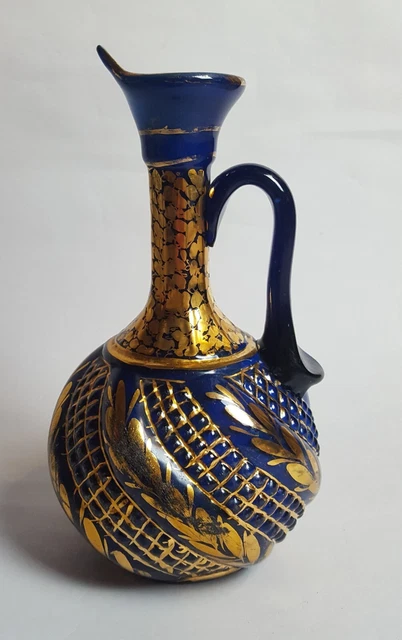 ANTIQUE QAJAR PERSIAN Islamic Cobalt Blue Glass Rose Water Pitcher Jug ...