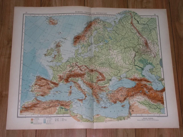 1930 ORIGINAL ANTIQUE Physical Map Of Europe Germany Austria Hungary ...