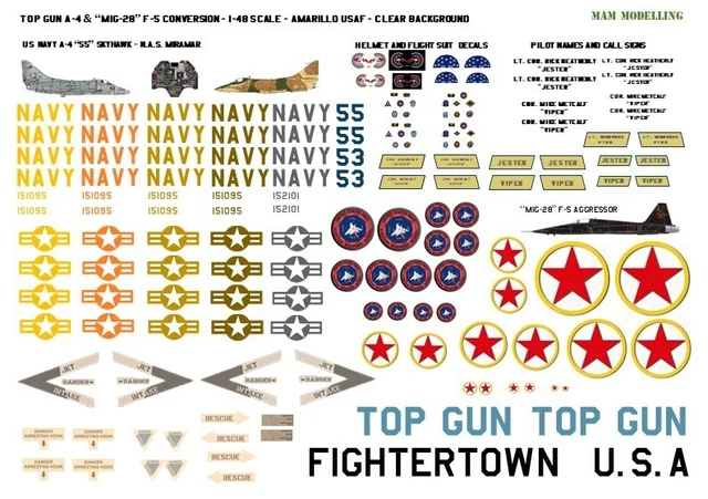 1:48 TOP GUN F-14A Tomcat, A-4 Skyhawk & “MIG-28” F-5 Conversion Decals ...