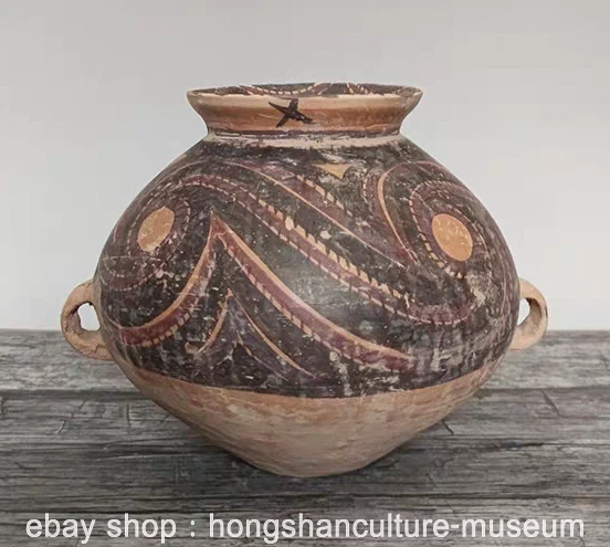 12& ANCIENT NEOLITHIC Majiayao Culture Pottery Swirl Pattern 2 Ear Pot ...