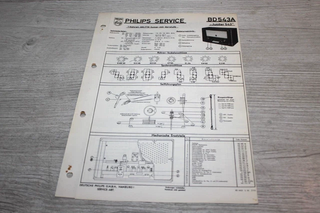 PHILIPS ORIGINAL SERVICEANLEITUNG für RÖHRENRADIO JUPITER 543 von 1954 ...