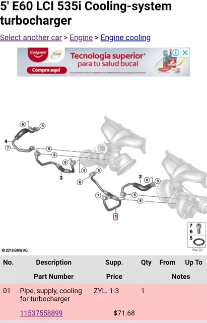 BMW E90/E91/E92/E93 E60 N54 Turbo Cooling Feed Line CYL. 1-3 11537558899 EUR 45,94 - PicClick DE