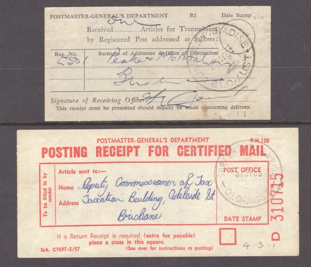 AUSTRALIA POST OFFICE receipts for registered and certified mail 1965 ...