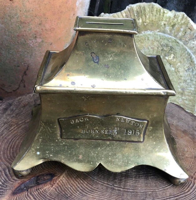 ANTIQUE WW1 TRENCH art style brass architectural money box saving bank ...